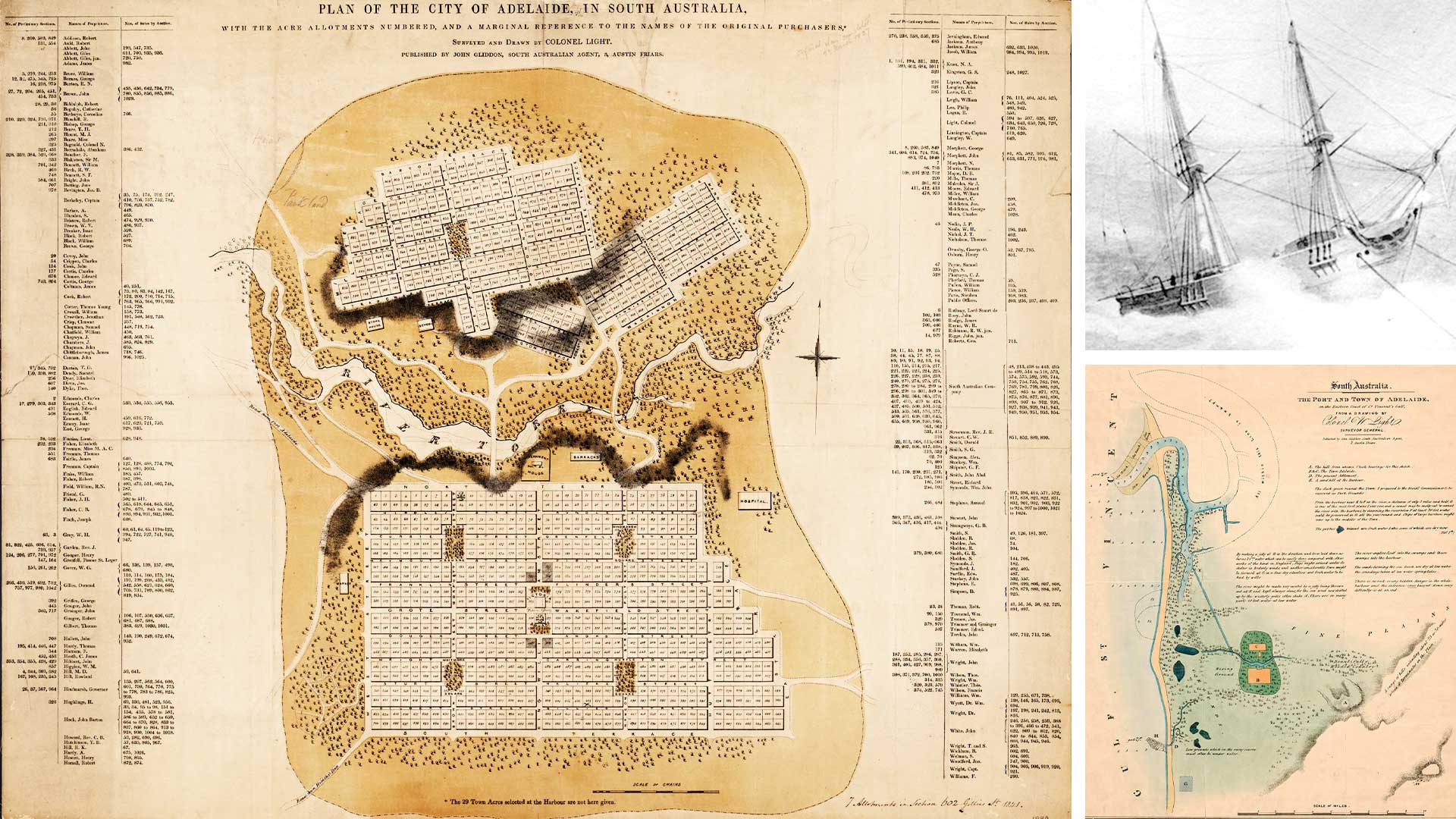 William Light's Adelaide map, with town acre owners, and £7,000 from ...